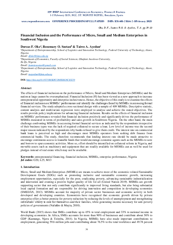 (PDF) Financial Inclusion and the Performance of Micro, Small and Medium Enterprises in ...