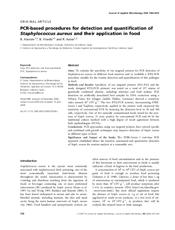Pdf Pcr Based Procedures For Detection And Quantification Of Staphylococcus Aureus And Their