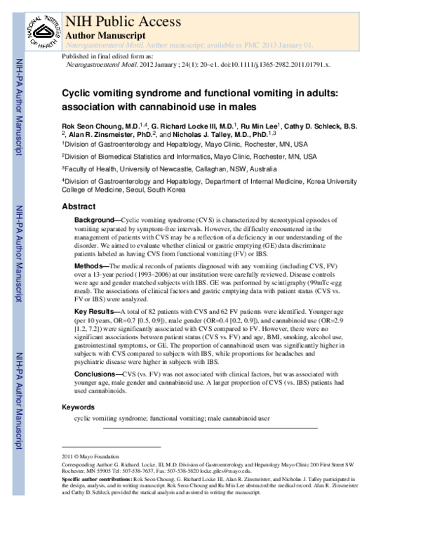 (PDF) Cyclic vomiting syndrome and functional vomiting in adults ...