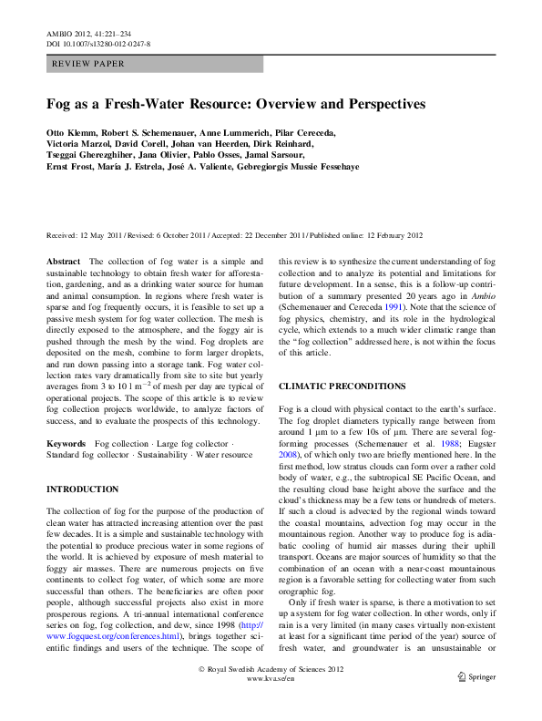 (PDF) Fog as a Fresh-Water Resource: Overview and Perspectives