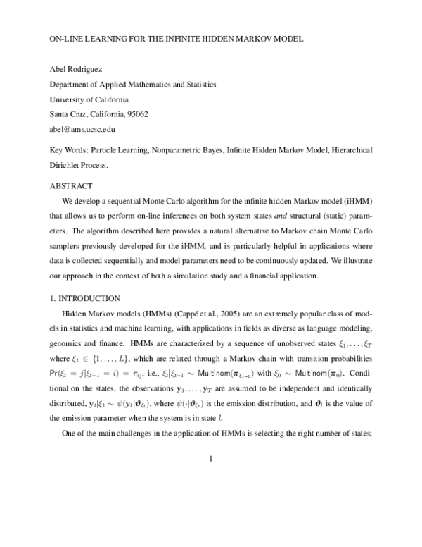 Pdf On Line Learning For The Infinite Hidden Markov Model Abel Hilario Chaparro Rodriguez