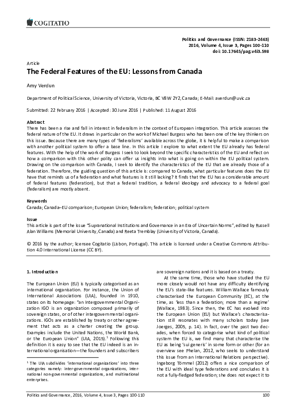 (PDF) The Federal Features of the EU: Lessons from Canada