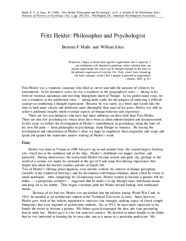 (PDF) Fritz Heider: Philosopher and Psychologist