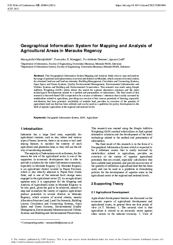 (PDF) Geographical Information System for Mapping and Analysis of Agricultural Areas in Merauke ...