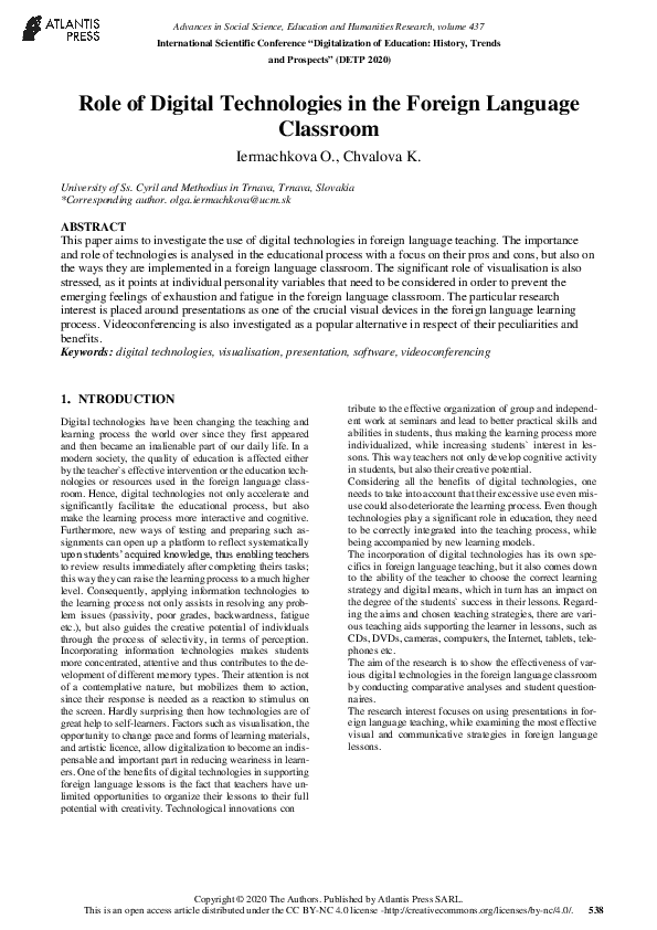 (PDF) Role of Digital Technologies in the Foreign Language Classroom