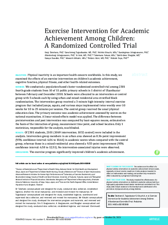 (PDF) Exercise Intervention for Academic Achievement Among Children: A Randomized Controlled Trial