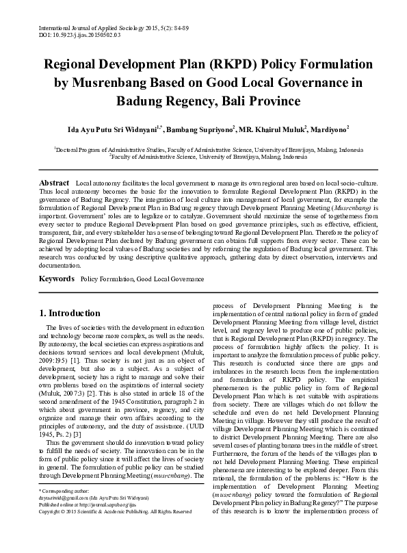 (PDF) Regional Development Plan (RKPD) Policy Formulation by Musrenbang ...