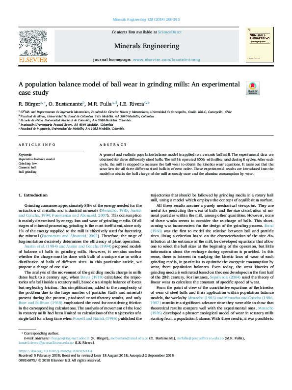 (PDF) A population balance model of ball wear in grinding mills: An ...