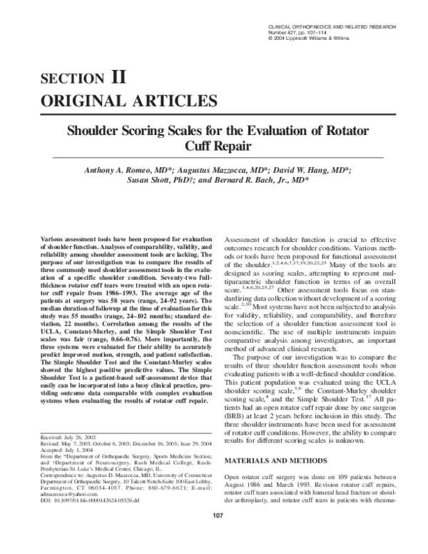 (PDF) Shoulder Scoring Scales for the Evaluation of Rotator Cuff Repair