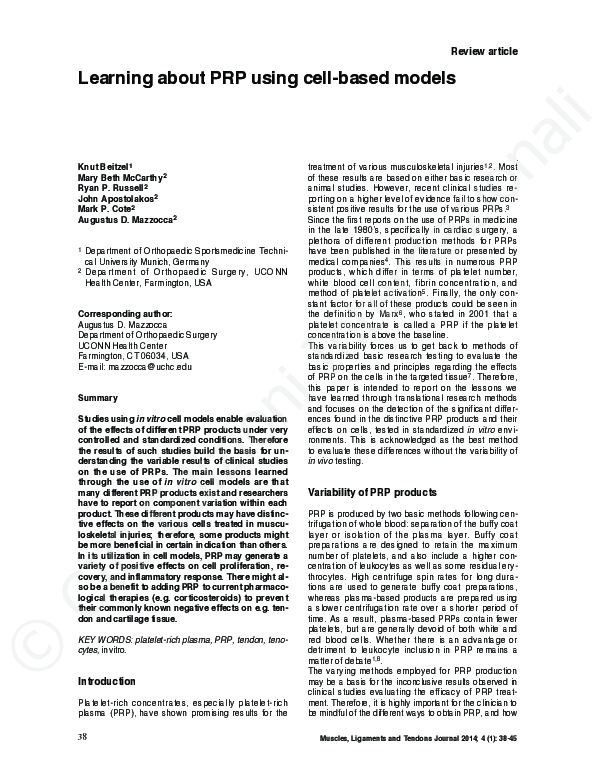 (PDF) Impact of PRP on Cell Models in Musculoskeletal Care