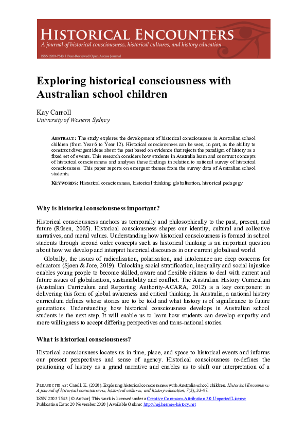 (PDF) Exploring historical consciousness with Australian school children