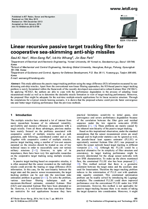 (PDF) Linear recursive passive target tracking filter for cooperative sea‐skimming anti‐ship ...