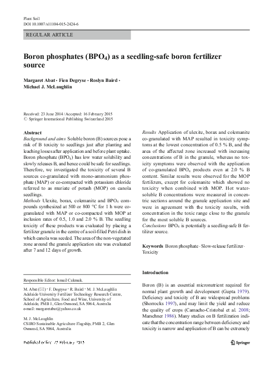 (PDF) Boron phosphates (BPO4) as a seedling-safe boron fertilizer source