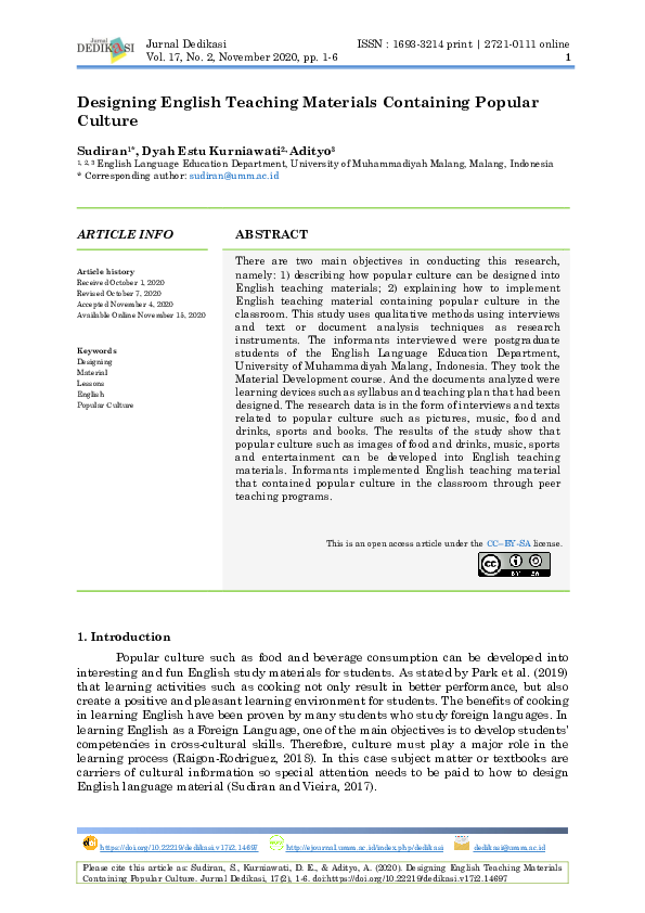 (PDF) Designing English Teaching Materials Containing Popular Culture