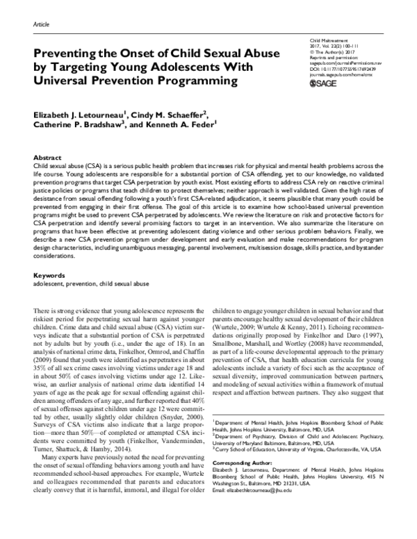 (PDF) Preventing the Onset of Child Sexual Abuse by Targeting Young ...