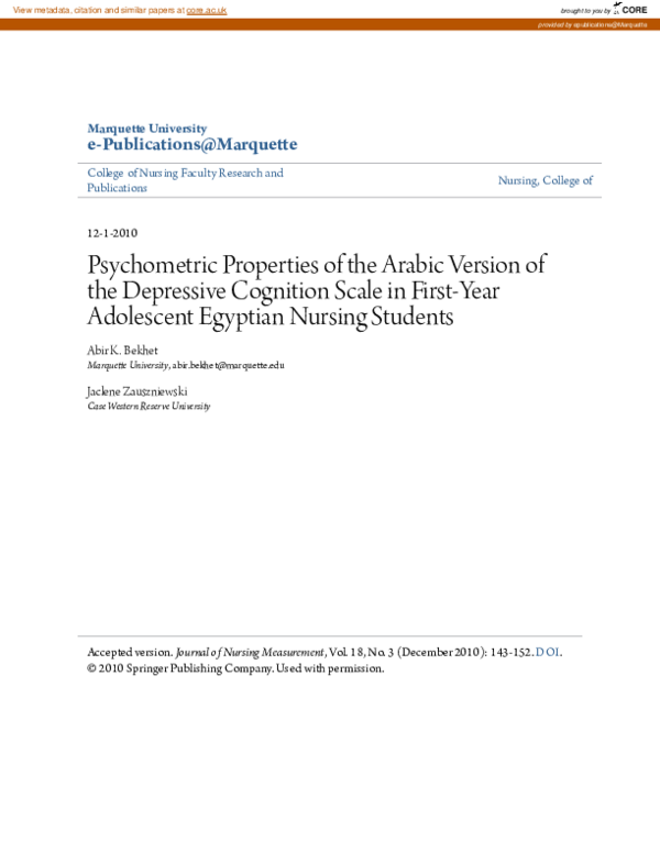 (PDF) Psychometric Properties of the Arabic Version of the Depressive Cognition Scale in First ...