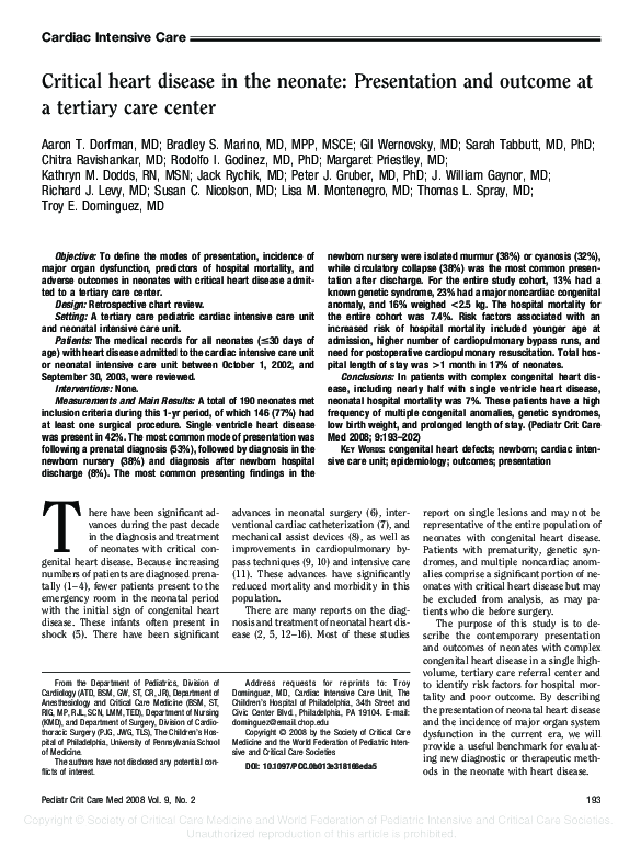 (PDF) Critical heart disease in the neonate: Presentation and outcome ...
