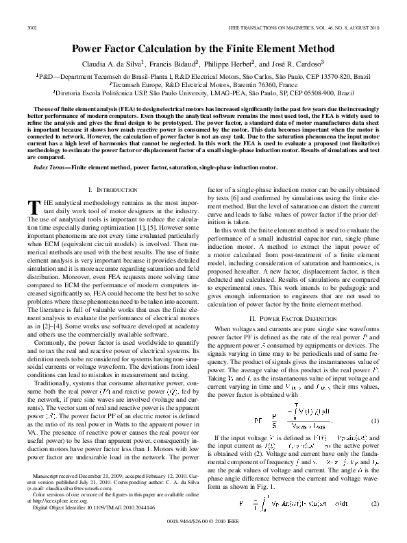 (PDF) Power Factor Calculation by the Finite Element Method