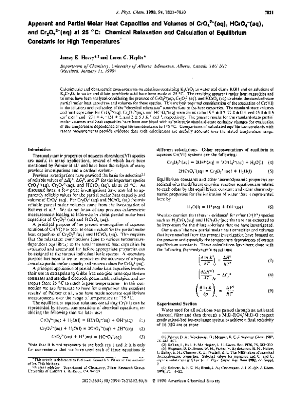(PDF) Apparent and partial molar heat capacities and volumes of aqueous ...