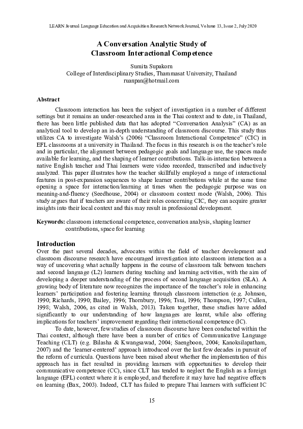 (PDF) A Conversation Analytic Study of Classroom Interactional Competence