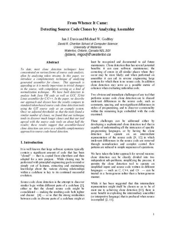 Pdf From Whence It Came Detecting Source Code Clones By Analyzing Assembler Ian Davis