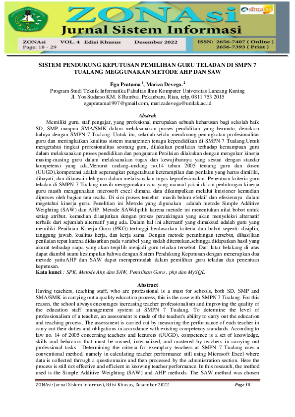 (PDF) Sistem Pendukung Keputusan Pemilihan Guru Teladan DI SMPN 7 Tualang Meggunakan Metode Ahp ...