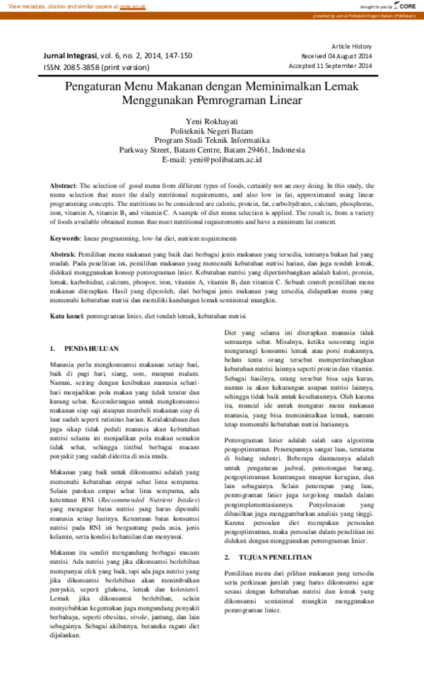 (PDF) Pengaturan Menu Makanan dengan Meminimalkan Lemak Menggunakan ...