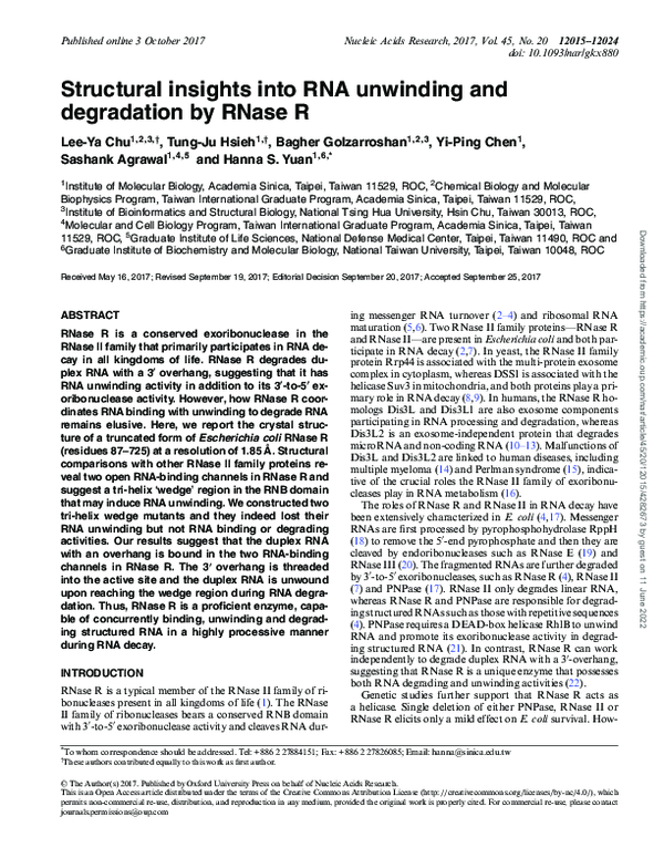 (PDF) Structural insights into RNA unwinding and degradation by RNase R | Lee-ya Chu - Academia.edu