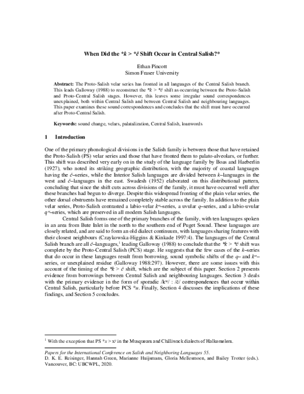 (PDF) When Did the *k > *č Shift Occur in Central Salish?*