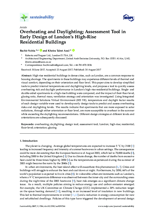 (PDF) Overheating and Daylighting; Assessment Tool in Early Design of London’s High-Rise ...