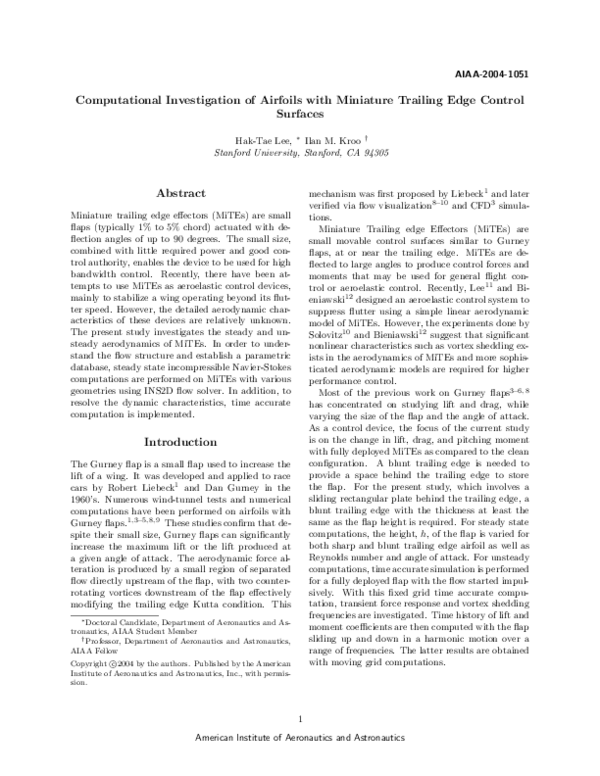 Pdf Computational Investigation Of Airfoils With Miniature Trailing Edge Control Surfaces