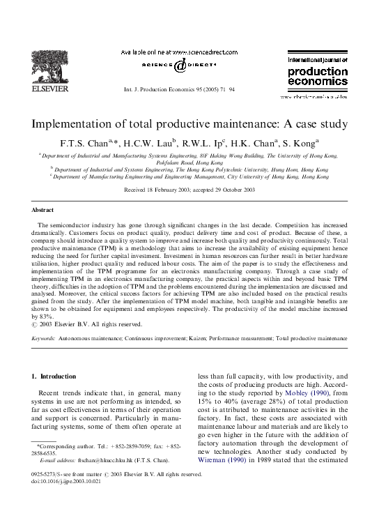 (PDF) Implementation of total productive maintenance: A case study