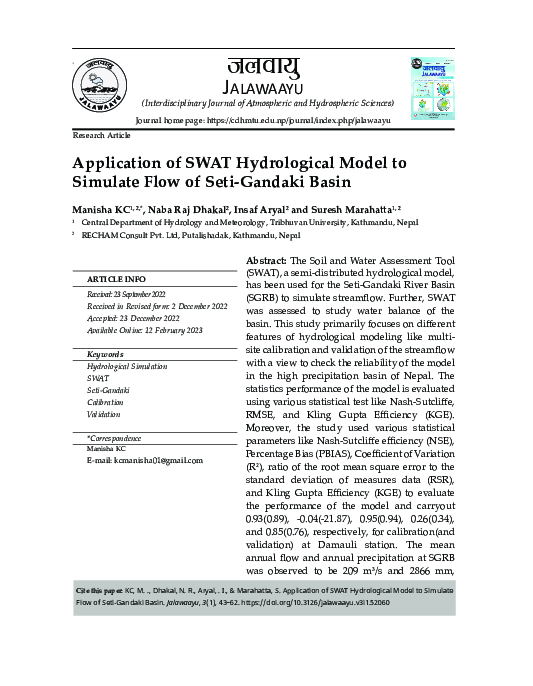 (PDF) Application of SWAT Hydrological Model to Simulate Flow of Seti ...