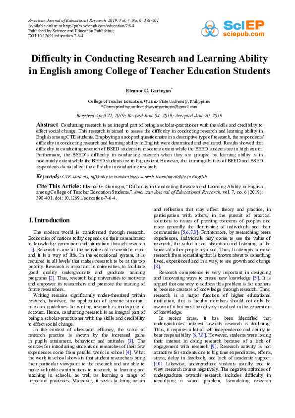 (PDF) Difficulty in Conducting Research and Learning Ability in English among College of Teacher ...