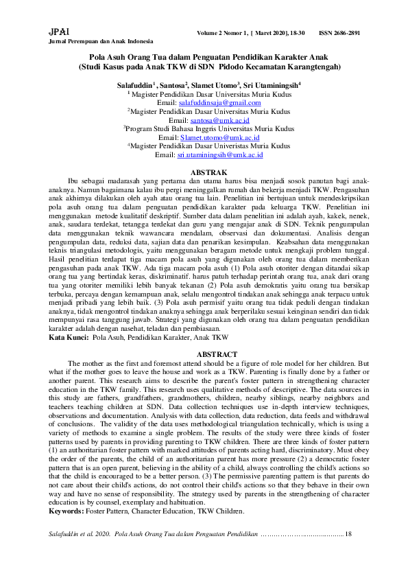 (PDF) Pola Asuh Orang Tua dalam Penguatan Pendidikan Karakter Anak (Studi Kasus pada Anak TKW di ...