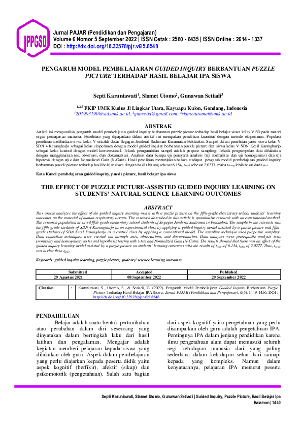 (PDF) Pengaruh Model Pembelajaran Guided Inquiry Berbantuan Puzzle Picture Terhadap Hasil ...