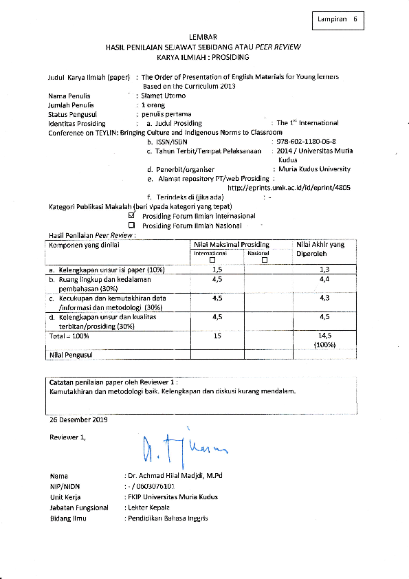 (PDF) The Order of Presentation of English Materials for Young lerners Based on the Curriculum 2013