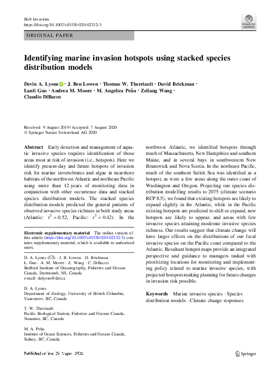 (PDF) Identifying marine invasion hotspots using stacked species distribution models