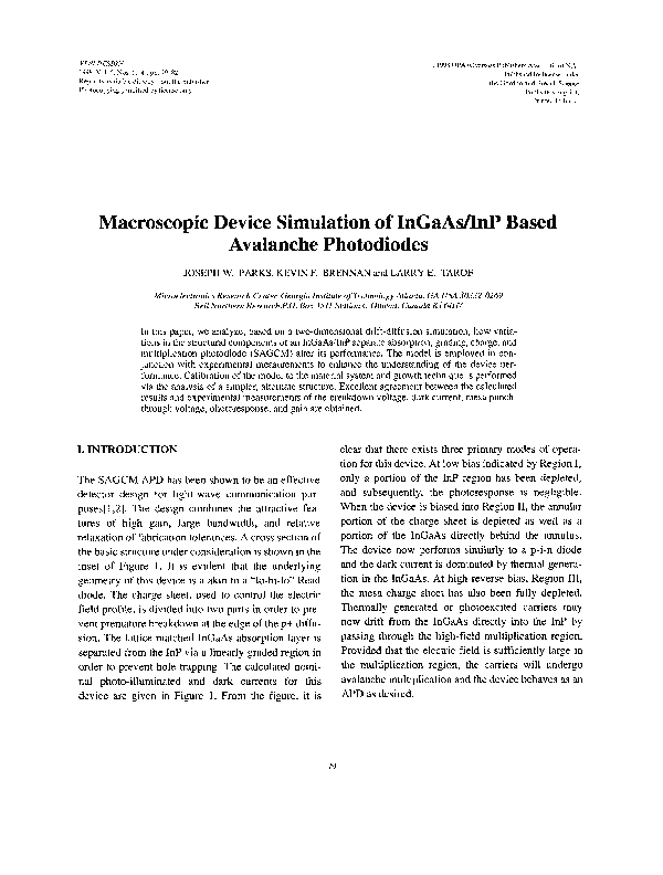 (PDF) Macroscopic Device Simulation of InGaAs/InP Based Avalanche Photodiodes