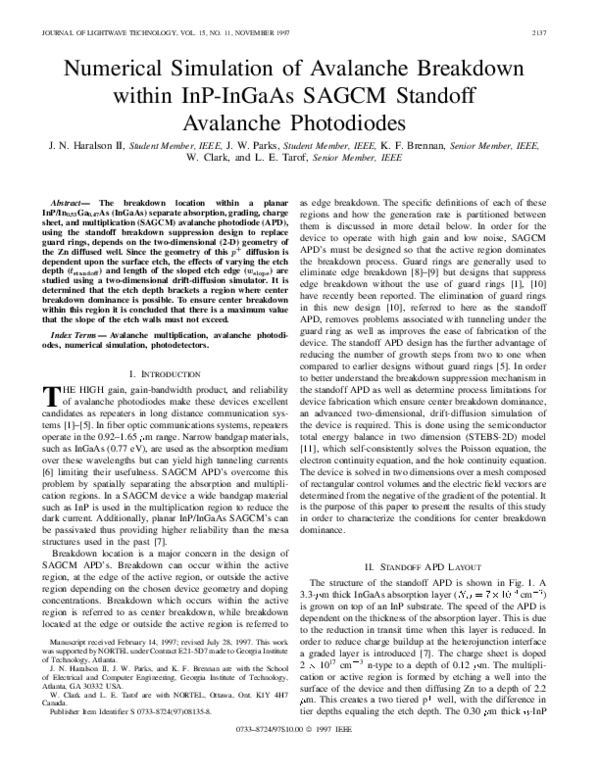 (PDF) Numerical simulation of avalanche breakdown within InP-InGaAs SAGCM standoff avalanche ...