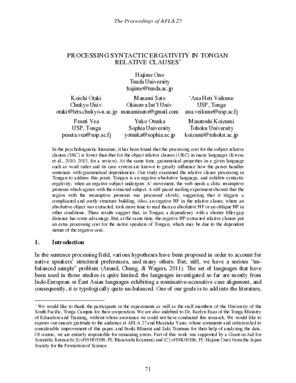 (PDF) 07. Processing Syntactic Ergativity in Tongan Relative Clauses