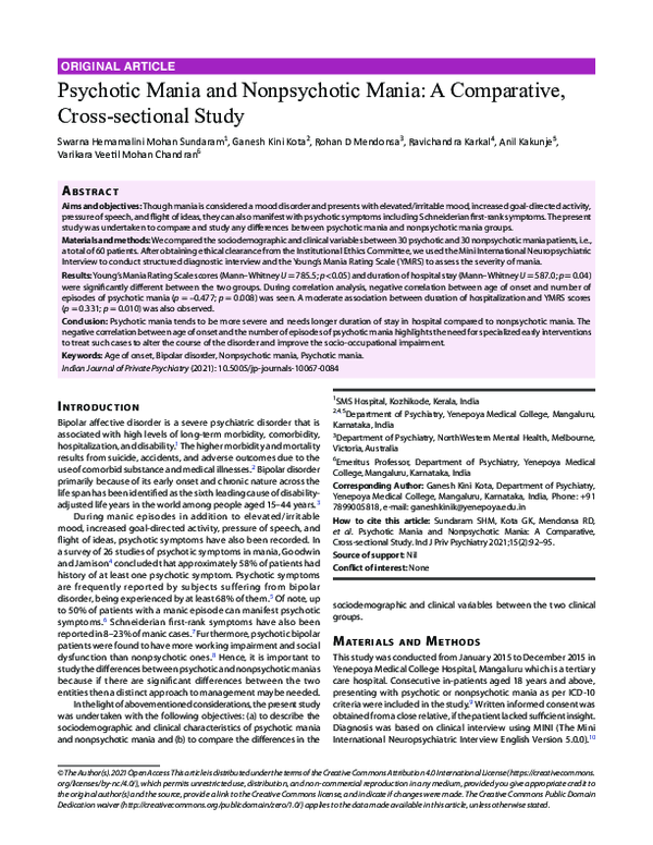 (PDF) Psychotic Mania and Nonpsychotic Mania: A Comparative, Cross ...