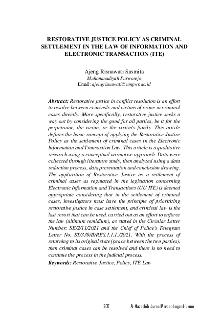(PDF) Restorative Justice Policy as Criminal Settlement in The Law of Information and Electronic ...