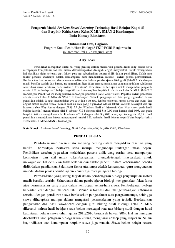(PDF) Pengaruh Model Problem Based Learning Terhadap Hasil Belajar Kognitif dan Berpikir Kritis ...
