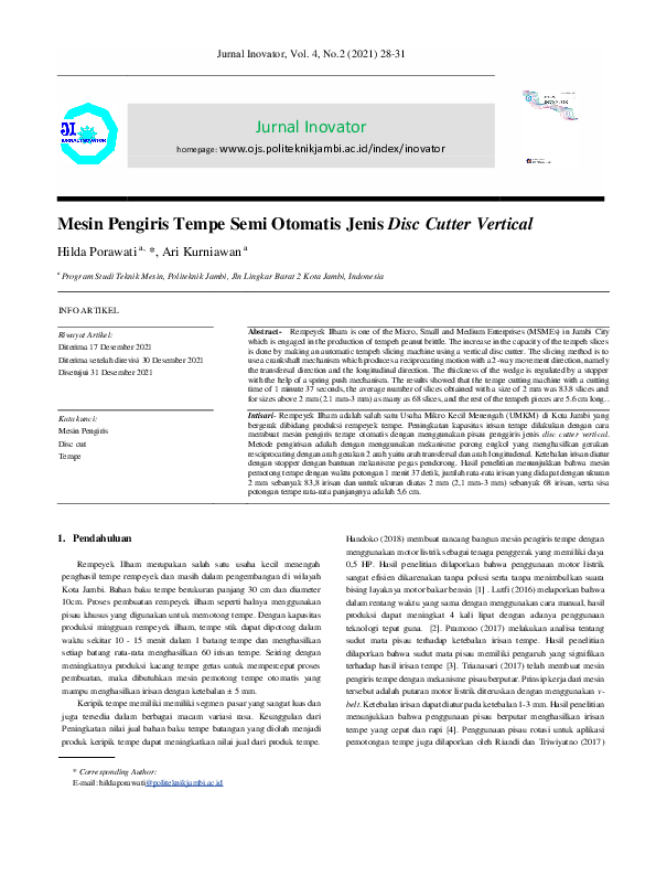 (PDF) Mesin Pengiris Tempe Semi Otomatis Jenis Disc Cutter Vertical