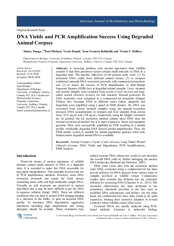 (PDF) DNA Yields and PCR Amplification Success Using Degraded Animal ...