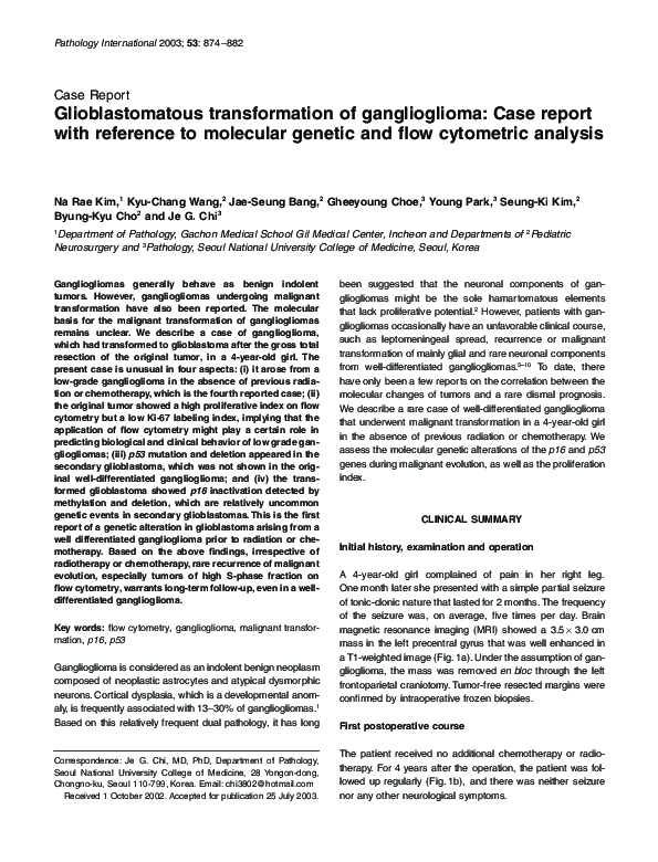 (PDF) Glioblastomatous transformation of ganglioglioma: Case report ...