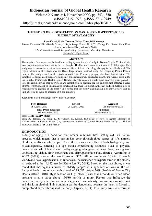 (PDF) The Effect of Foot Reflection Massage on Hypertension in Elderly ...