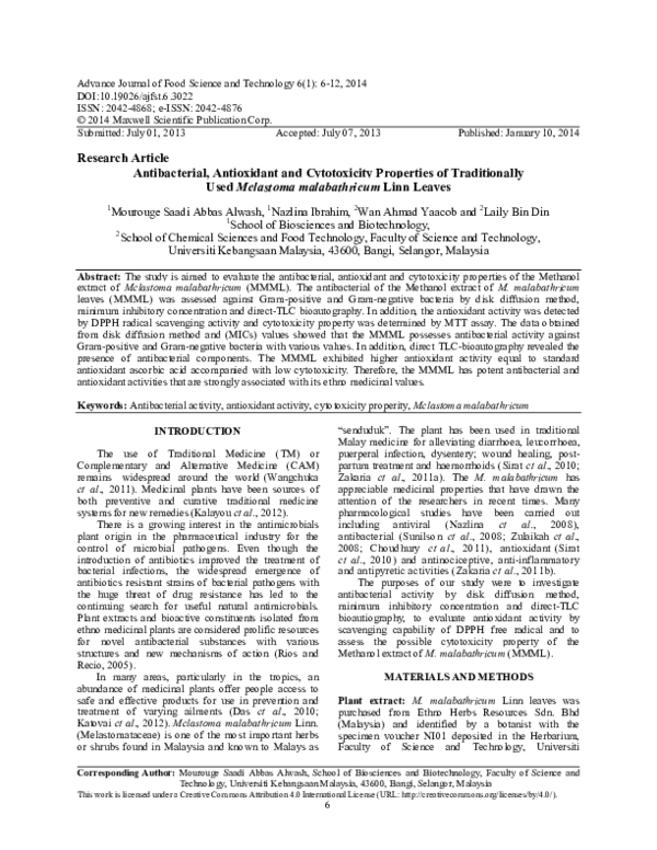 (PDF) Antibacterial, Antioxidant and Cytotoxicity Properties of Traditionally Used Melastoma ...