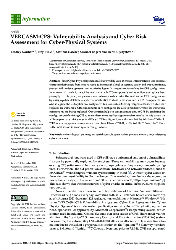 (PDF) VERCASM-CPS: Vulnerability Analysis and Cyber Risk Assessment for Cyber-Physical Systems ...